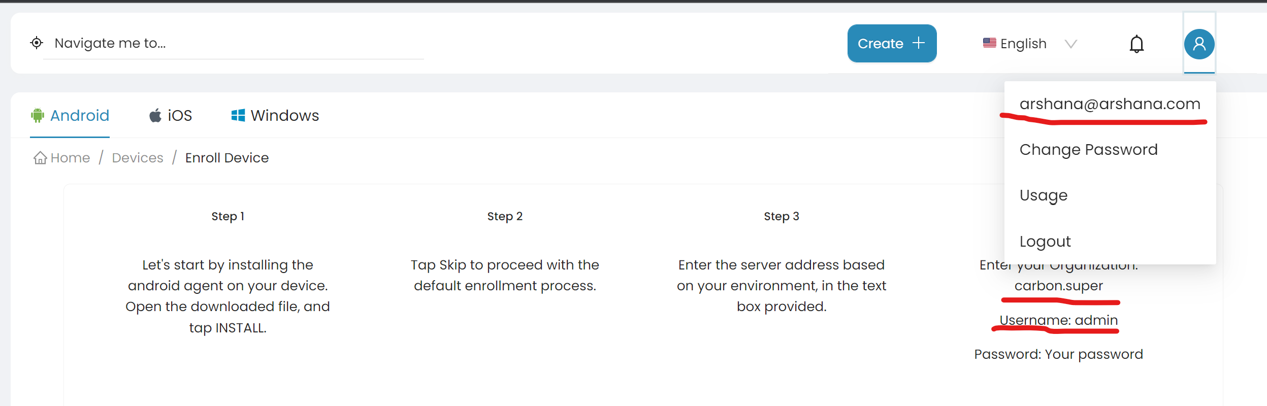 Bug #9854: [UI] Displaying incorrect tenant/login details in manual enrollment - product-uem 6.2 ...